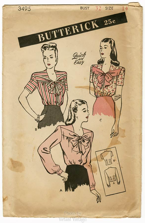 40s Bow Blouse Sewing Pattern, Butterick 3495 | Virtual Vintage